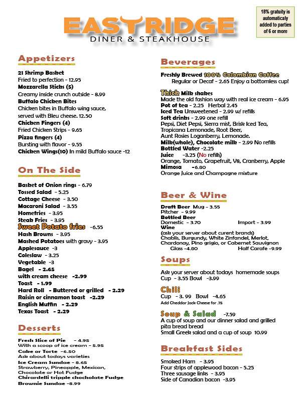Menu at East Ridge Diner and Steak House steakhouse, Rochester