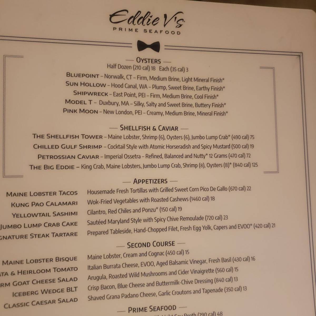 Menu at Eddie V's Prime Seafood steakhouse, Fort Lauderdale