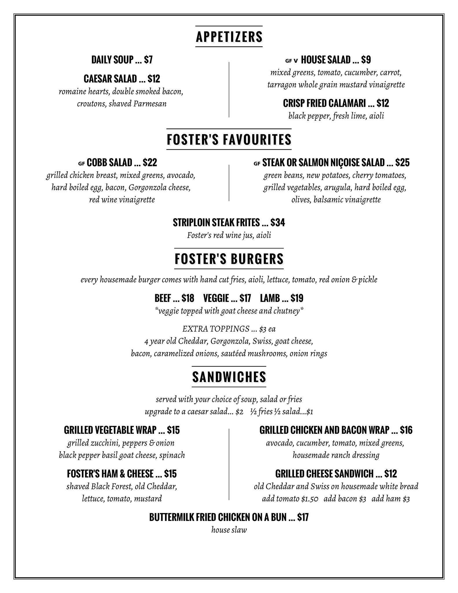 Menu at Foster's Inn steakhouse, Stratford