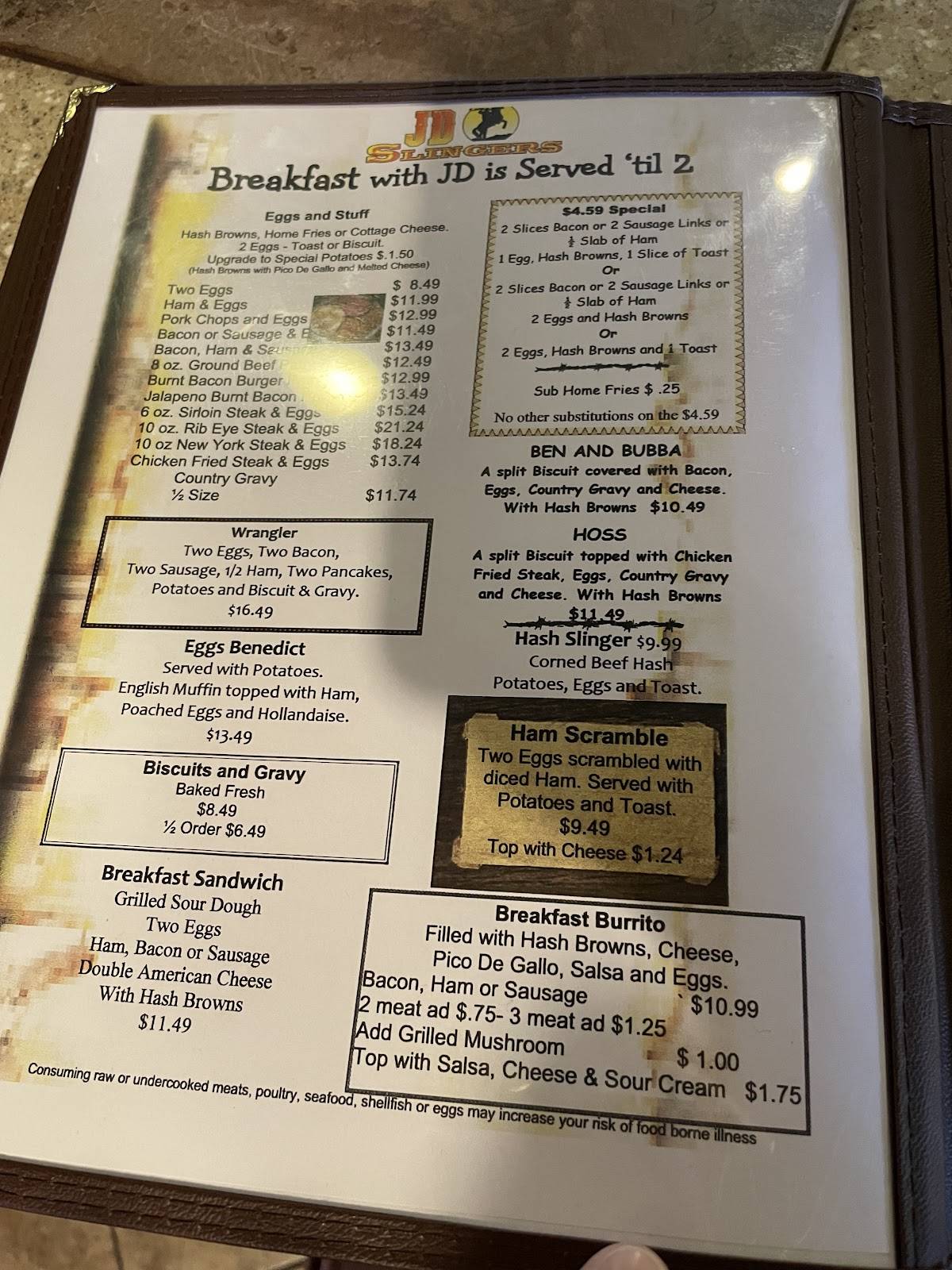 Menu at J D Slinger's Steakhouse, Fallon