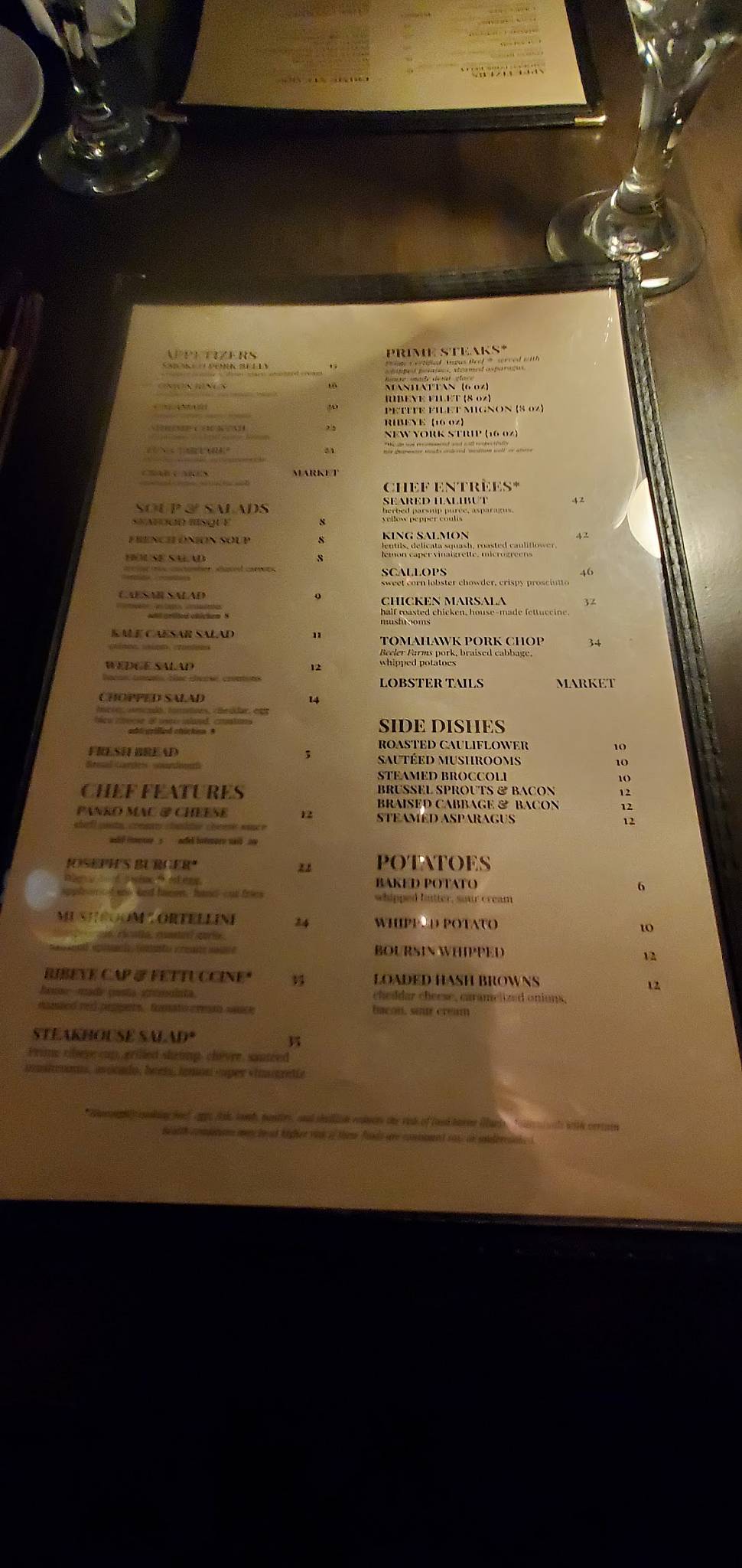 Menu at Joseph's Steakhouse, Iowa City
