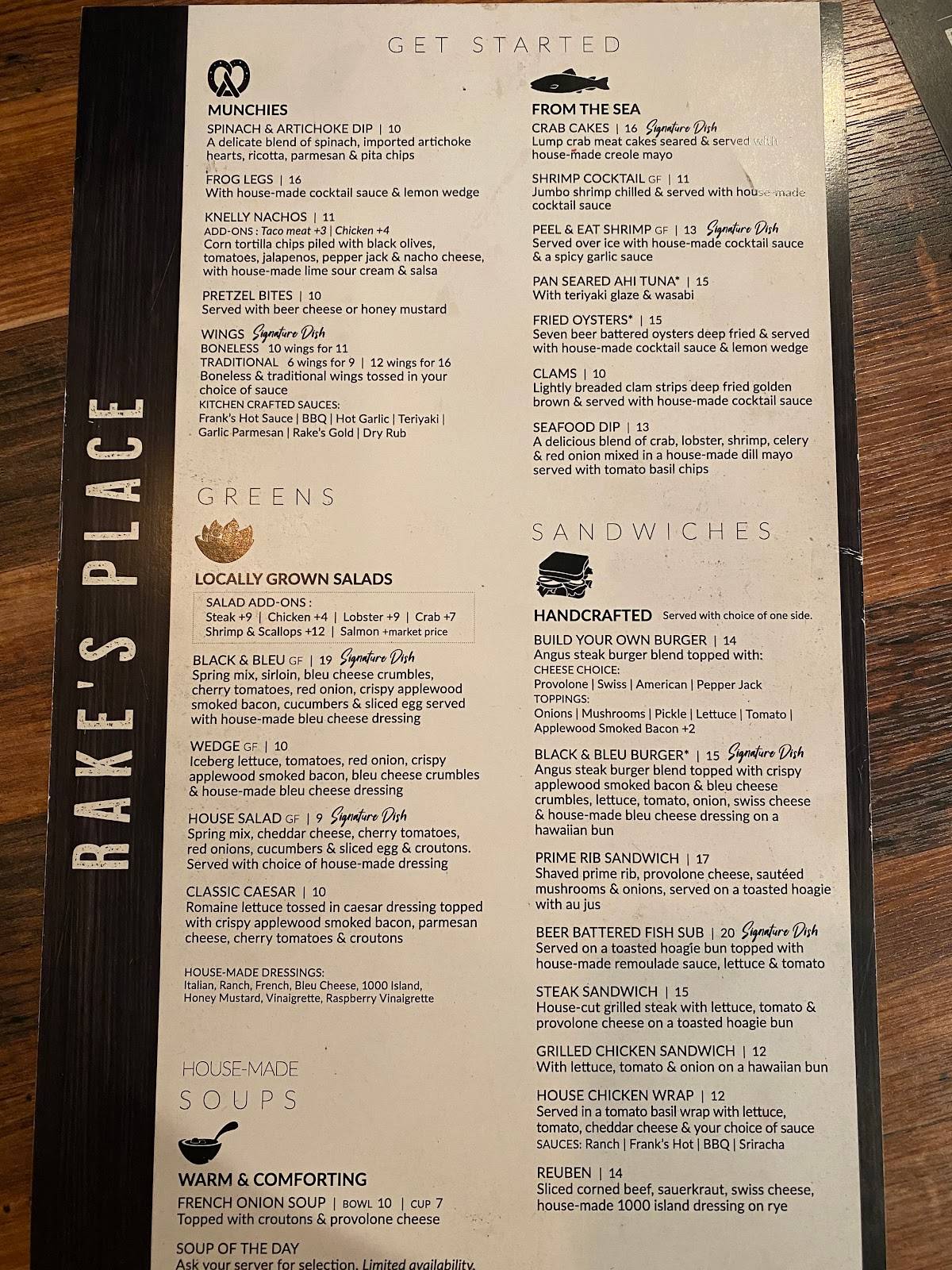 Menu at Rake's Place steakhouse, Zanesville