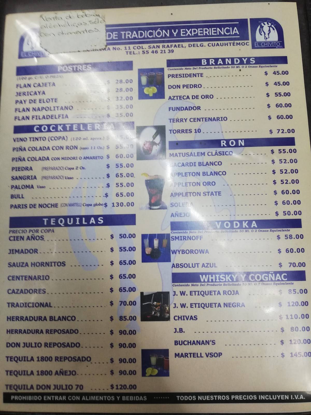 Carta de Restaurante El Chivito, Ciudad de México, C. Alfonso Herrera 11-A