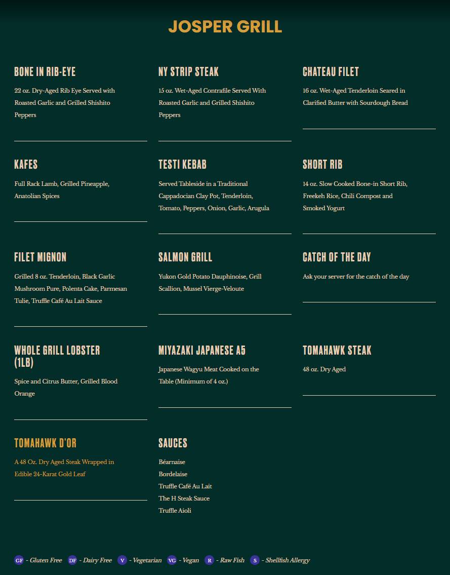 Menu at The H Orlando steakhouse, Orlando, Dr Phillips Blvd Suite 80