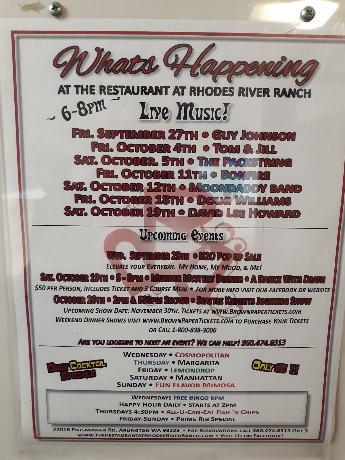 Menu at The Restaurant at Rhodes River Ranch, Oso