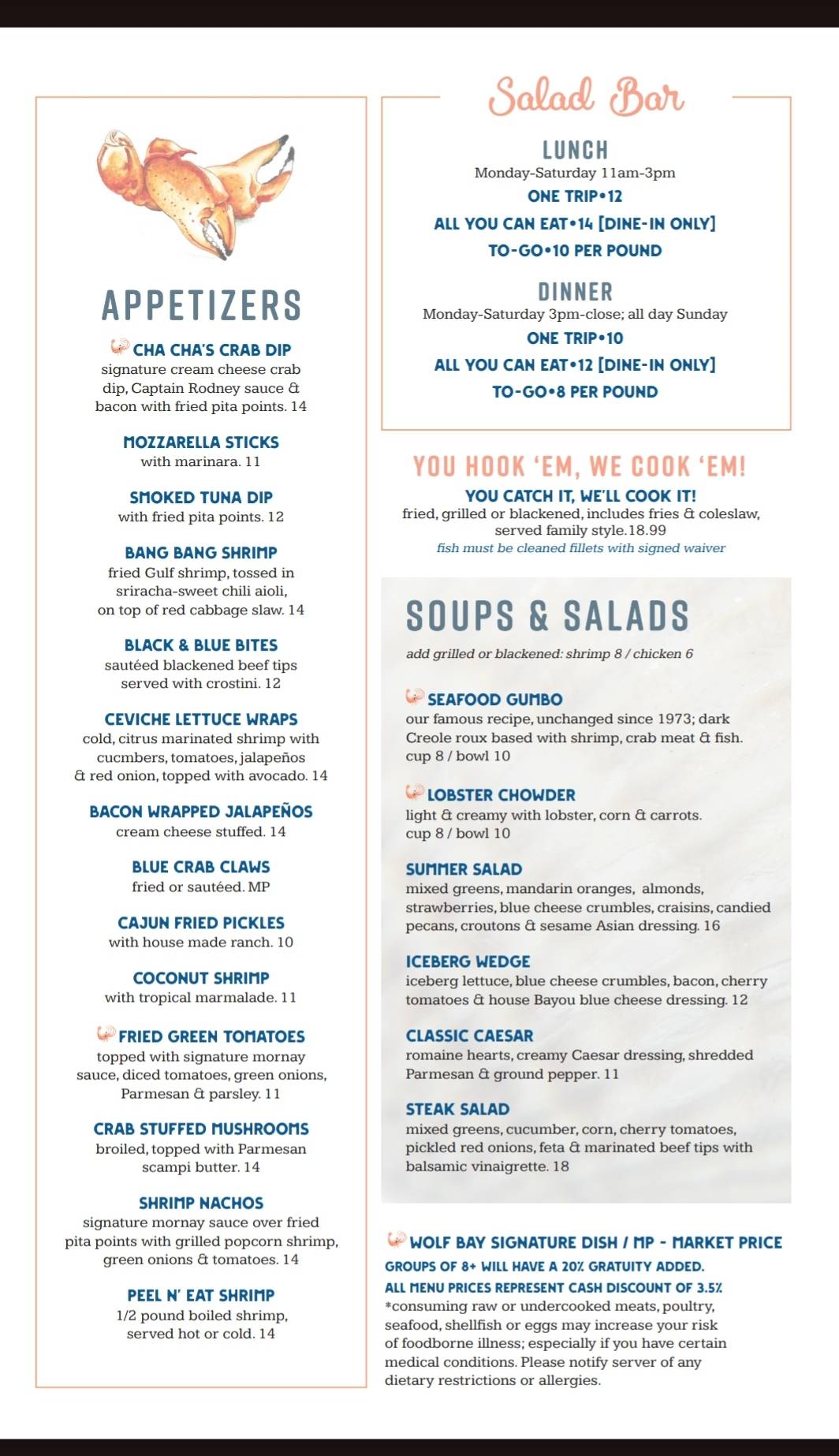 Menu at Wolf Bay Restaurant at Foley, Foley, Miflin Rd