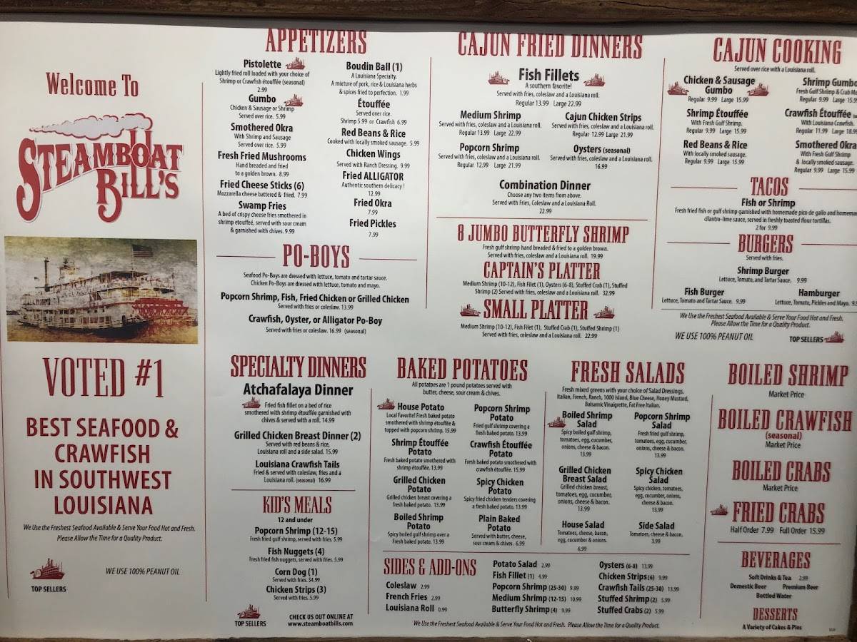 Menu at Steamboat Bill's Seafood restaurant, Lake Charles, 732 S Martin ...
