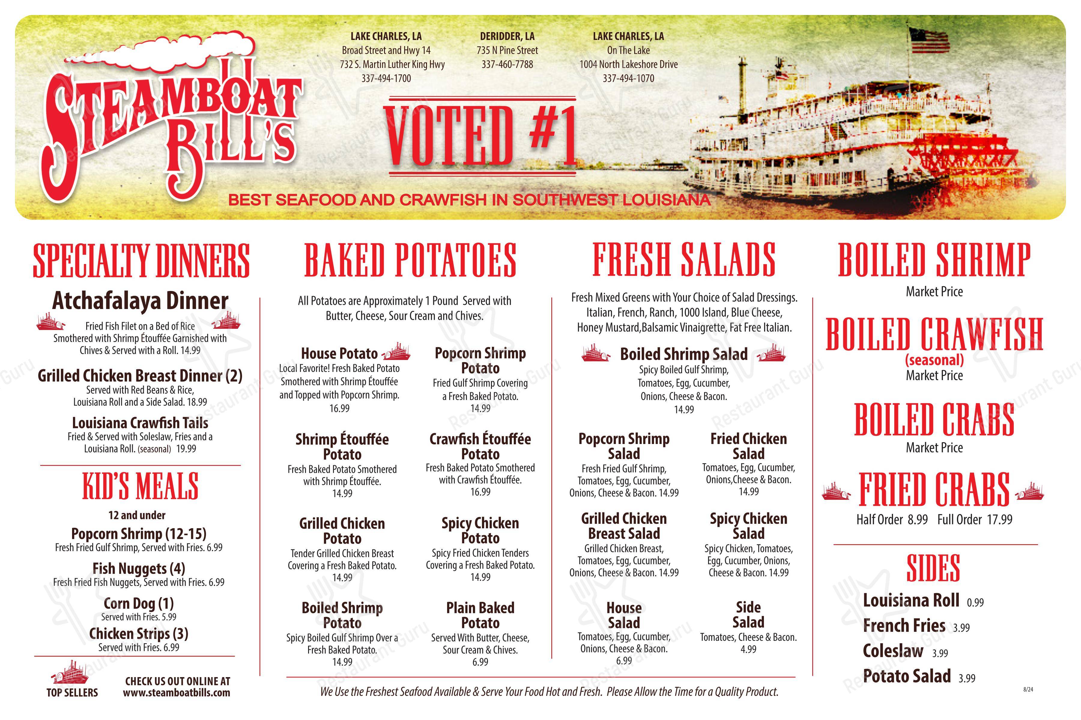 Menu at Steamboat Bill's Seafood restaurant, Lake Charles, 732 S Martin ...