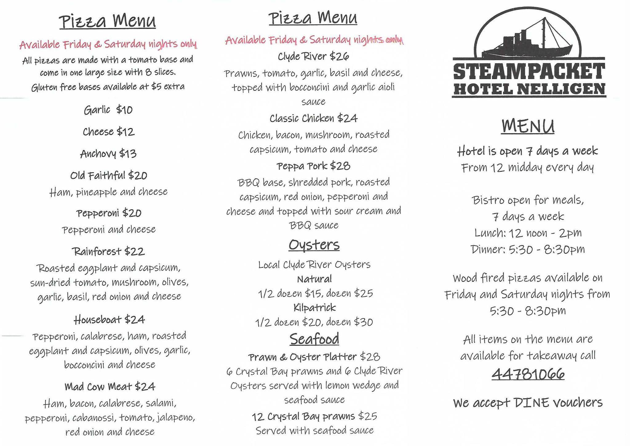 Menu at Steampacket Hotel Nelligen pub & bar, Nelligen
