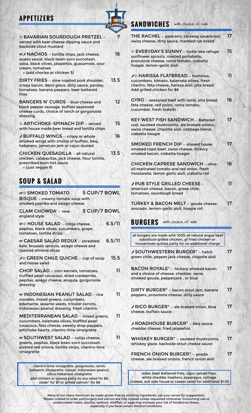 Menu at Steamworks Brewing Company restaurant, Durango