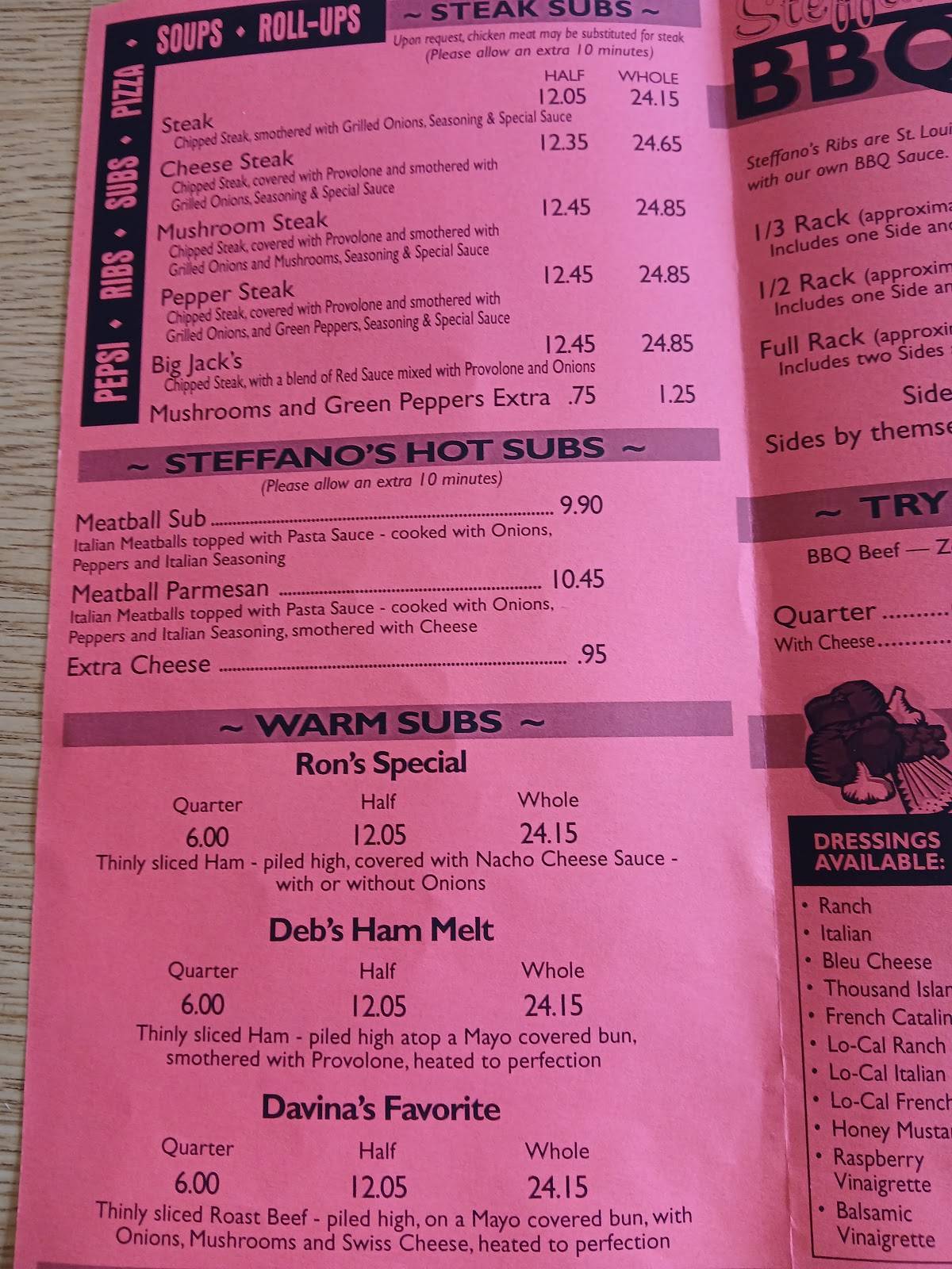 Menu at Steffano's Pizza & Sub Shoppe BBQ, Helena