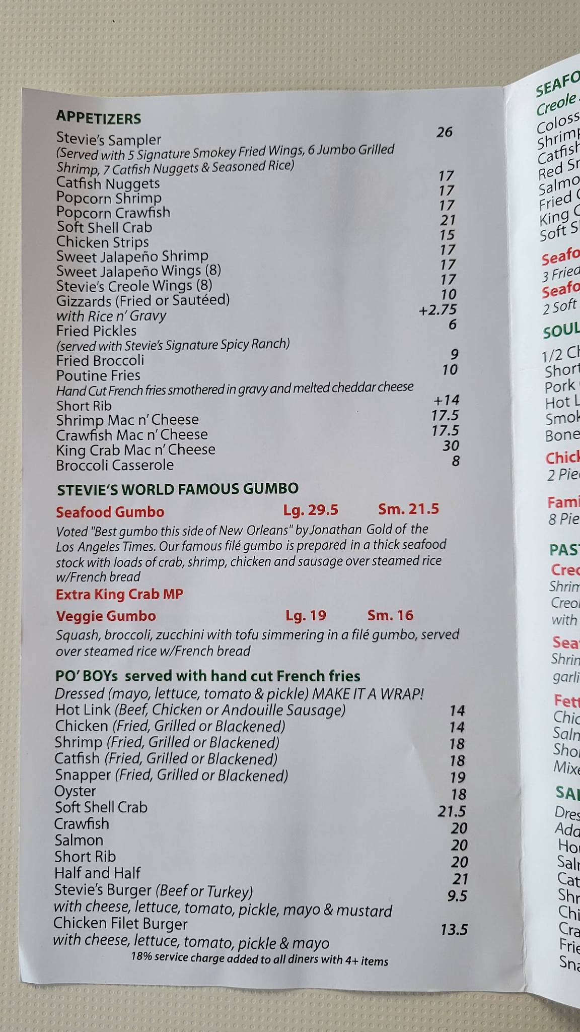 Menu at Stevie's Creole Café restaurant, Los Angeles, W Pico Blvd