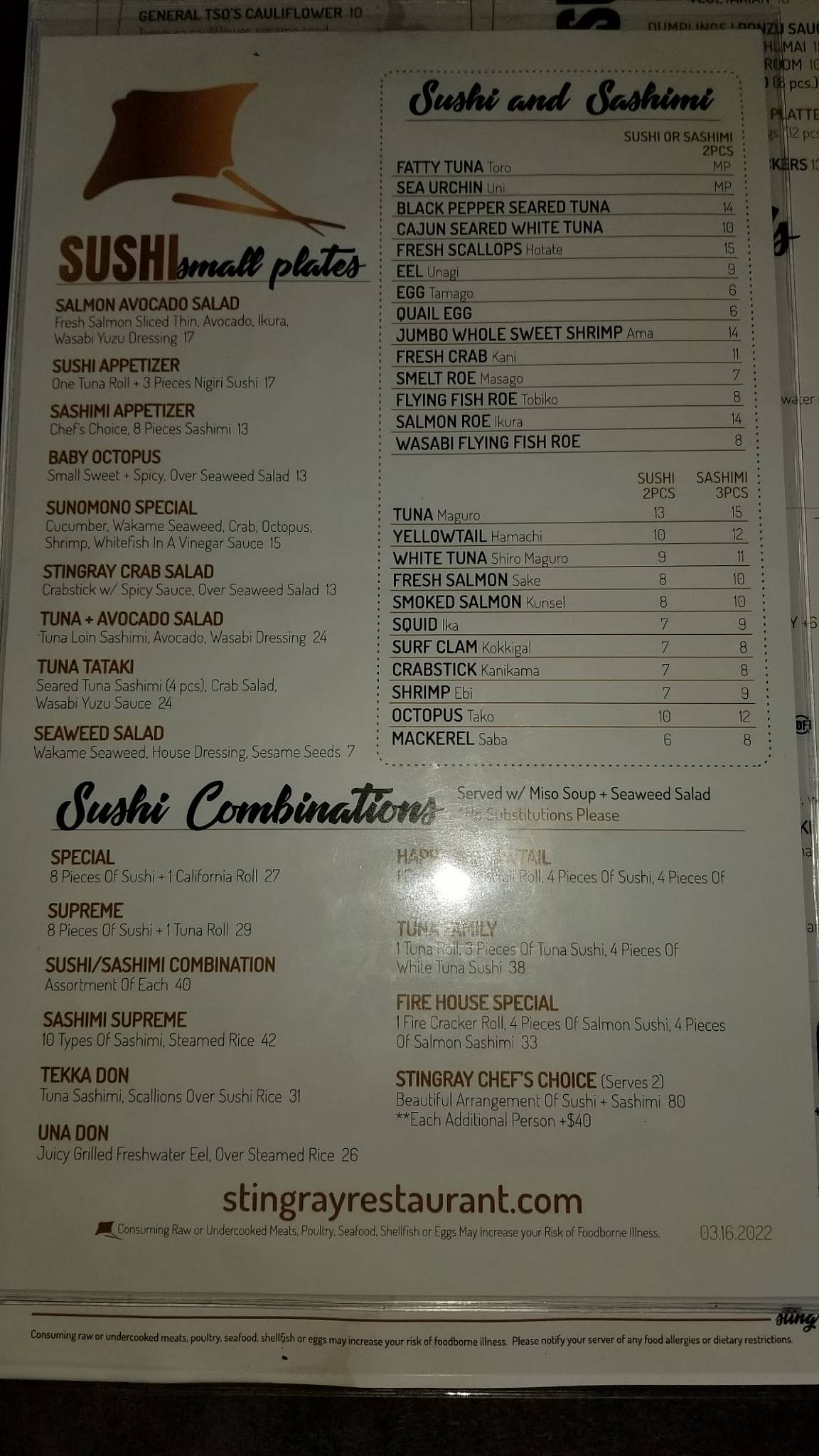 Menu at Stingray Sushi Bar + Asian Grill, Rehoboth Beach