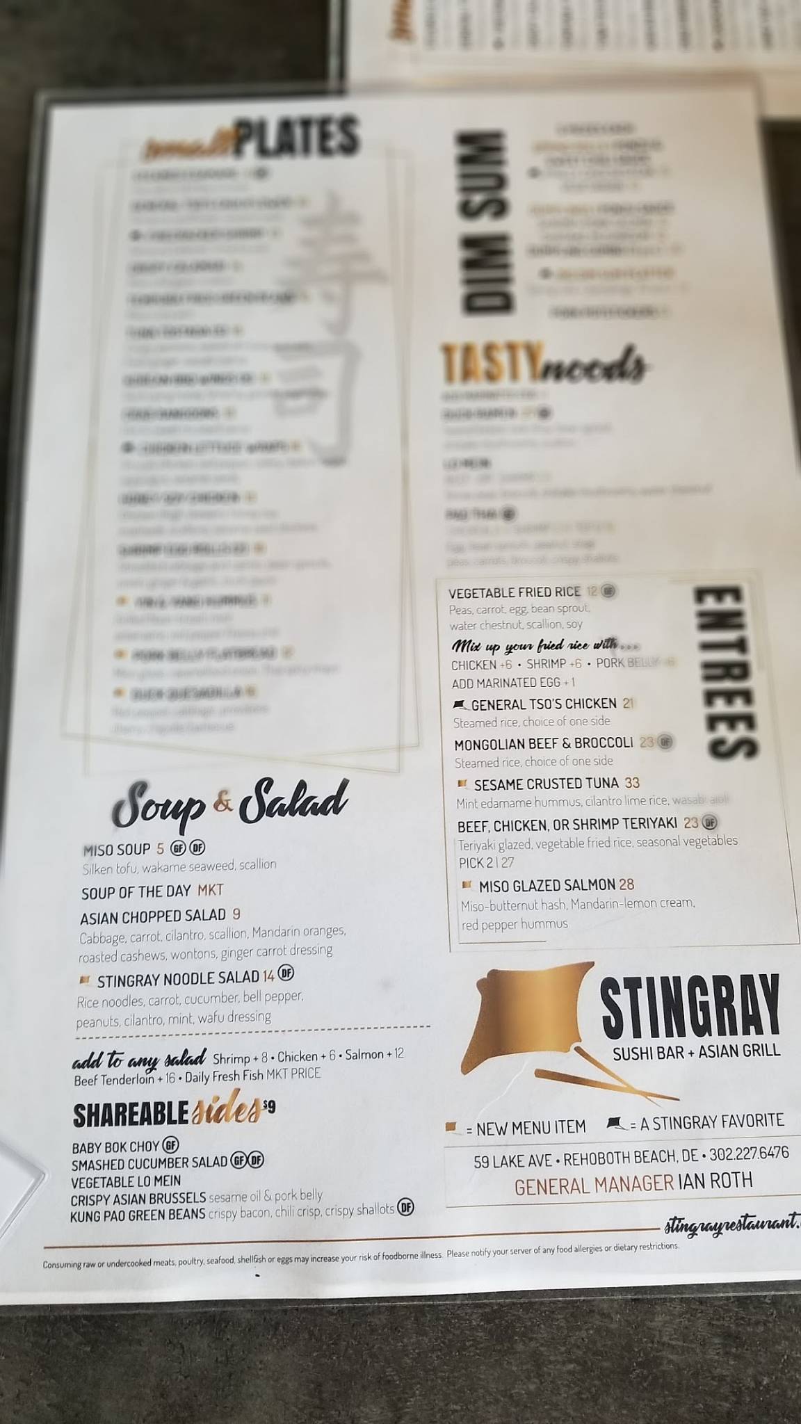 Menu at Stingray Sushi Bar + Asian Grill, Rehoboth Beach