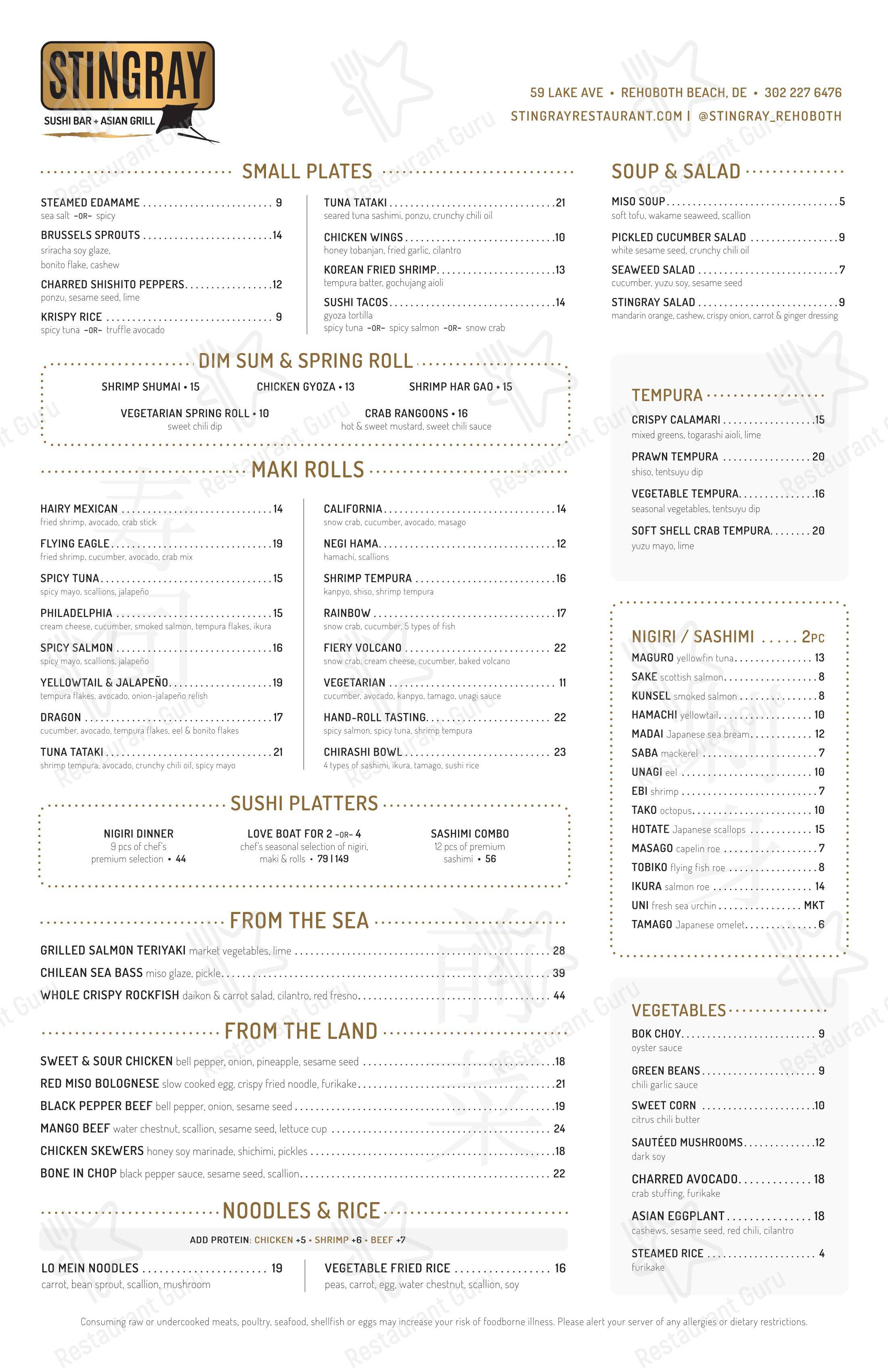 Menu at Stingray Sushi Bar + Asian Grill, Rehoboth Beach