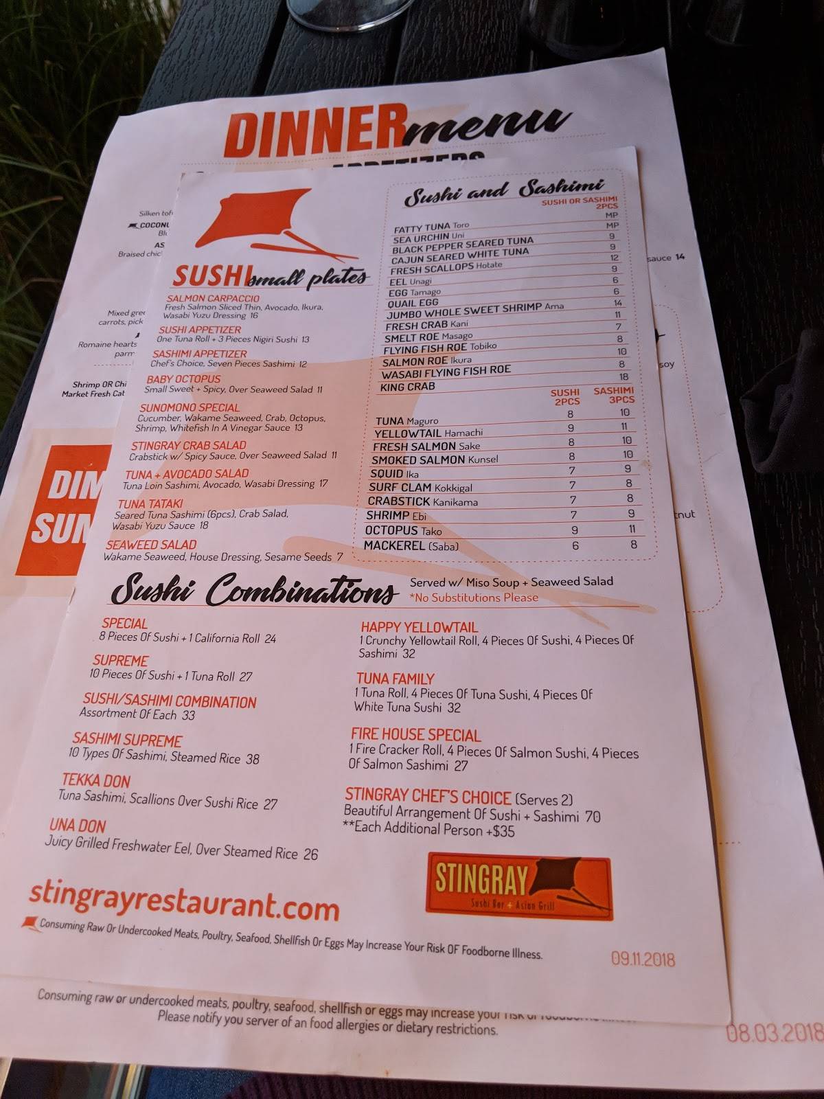 Menu at Stingray Sushi Bar + Asian Grill, Rehoboth Beach
