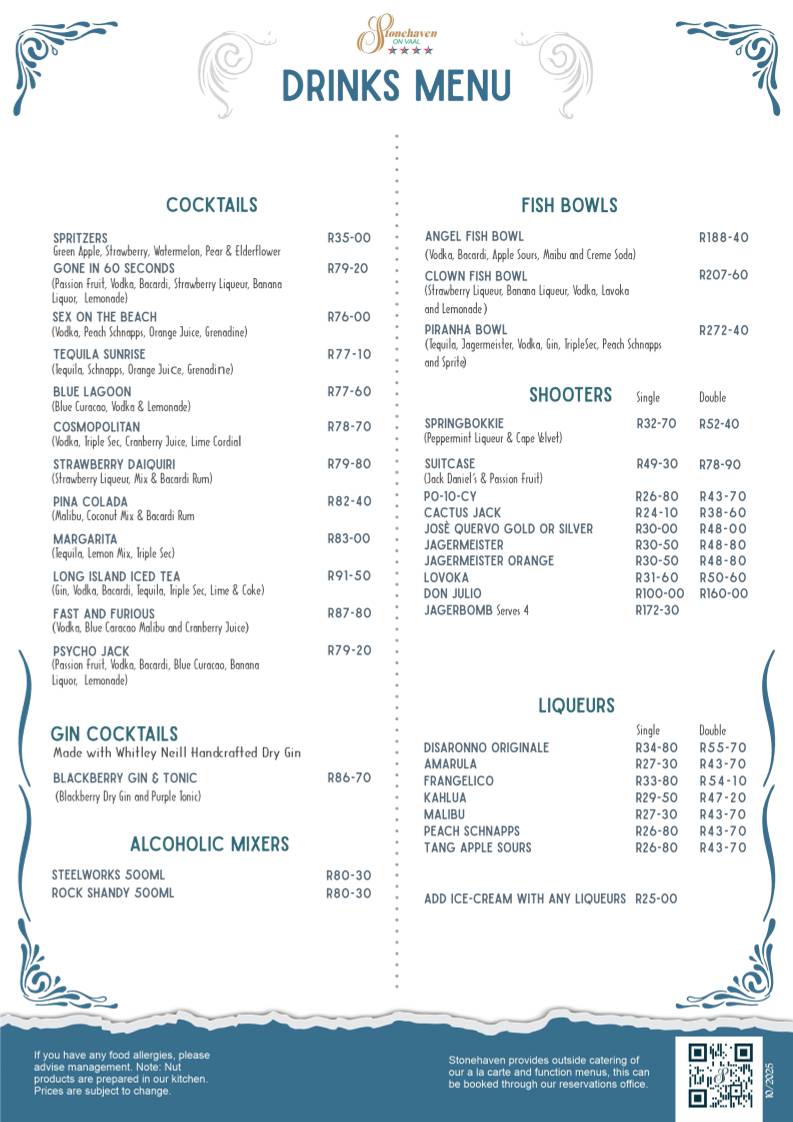 Menu at Stonehaven on Vaal restaurant, Vanderbijlpark