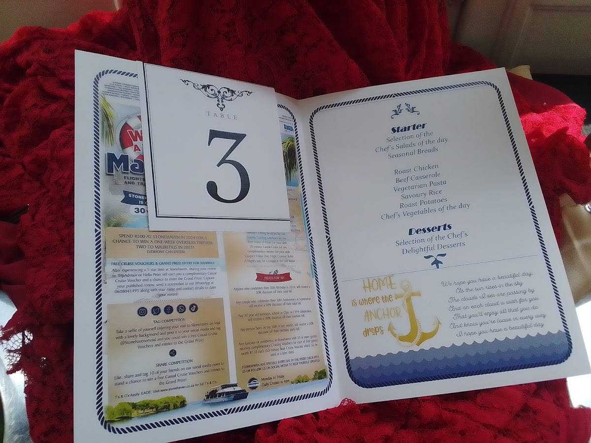 Menu at Stonehaven on Vaal restaurant, Vanderbijlpark