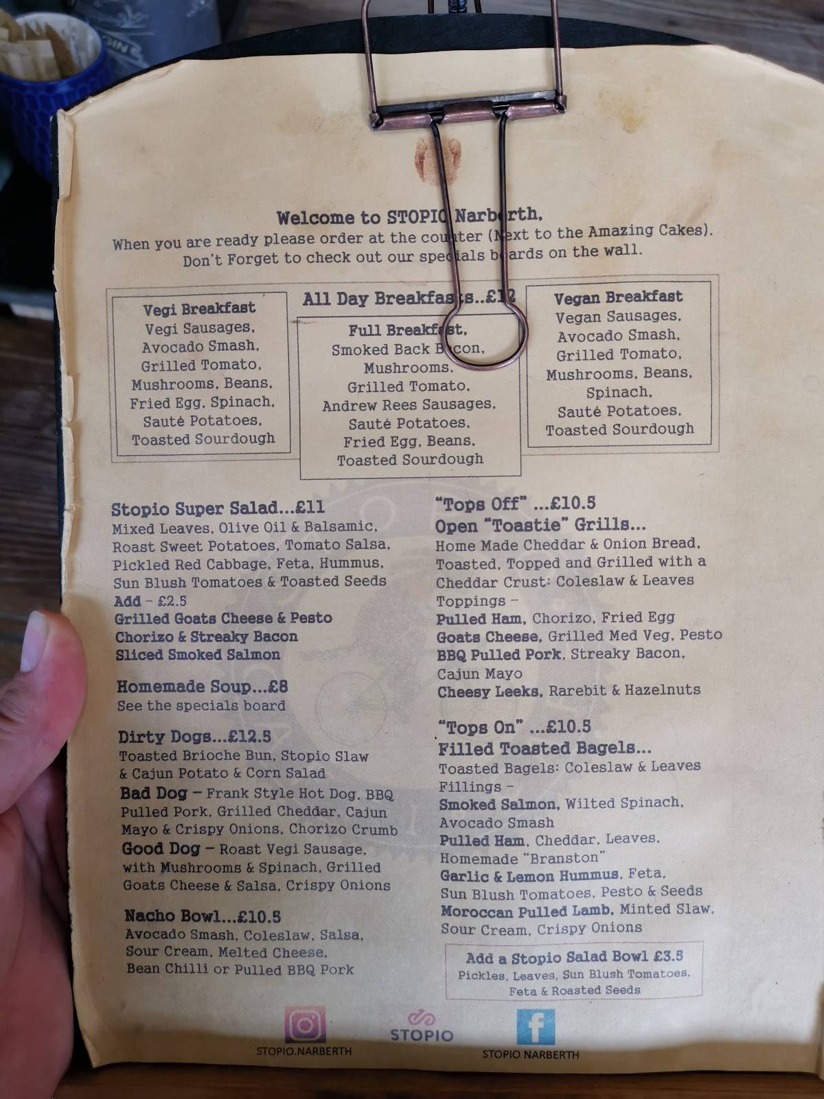 Menu at Stopio cafe, Narberth