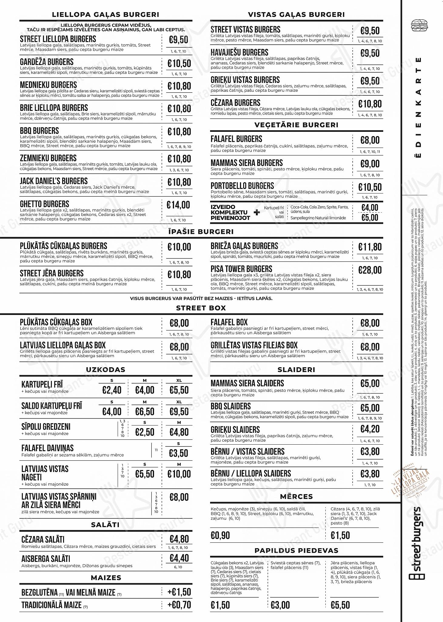Speisekarte von Street Burgers Spice restaurant, Riga, Lielirbes iela 29