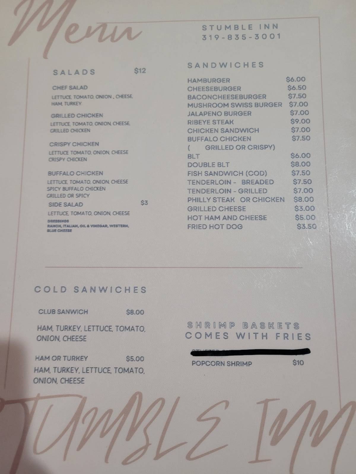 Menu at Stumble Inn pub & bar, Donnellson