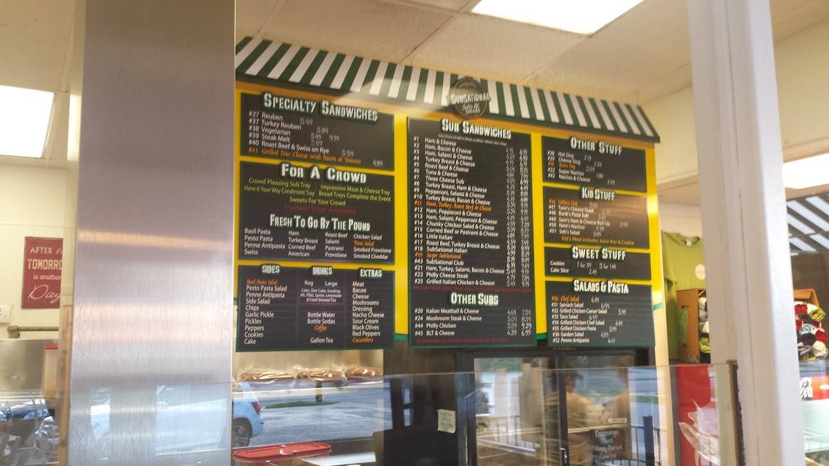 Menu at Sub-Sational restaurant, Whiteville