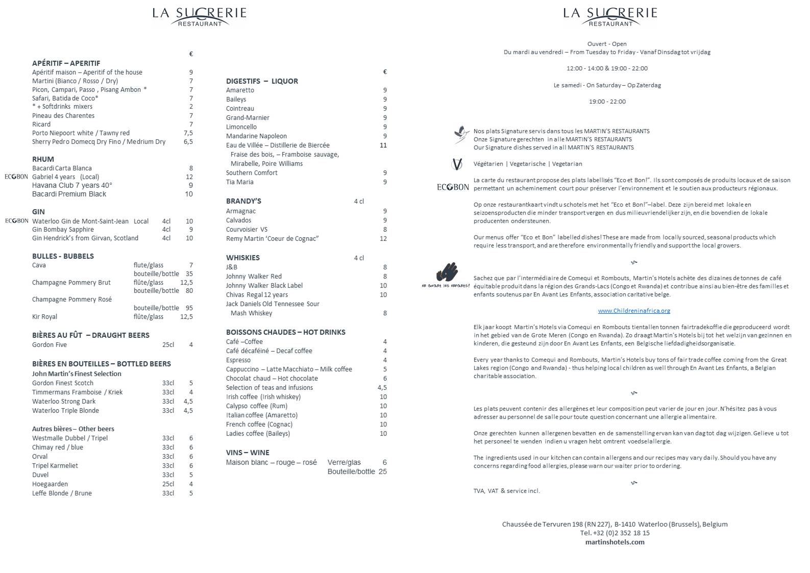 Menu at Van der Valk Hotel Waterloo, Waterloo