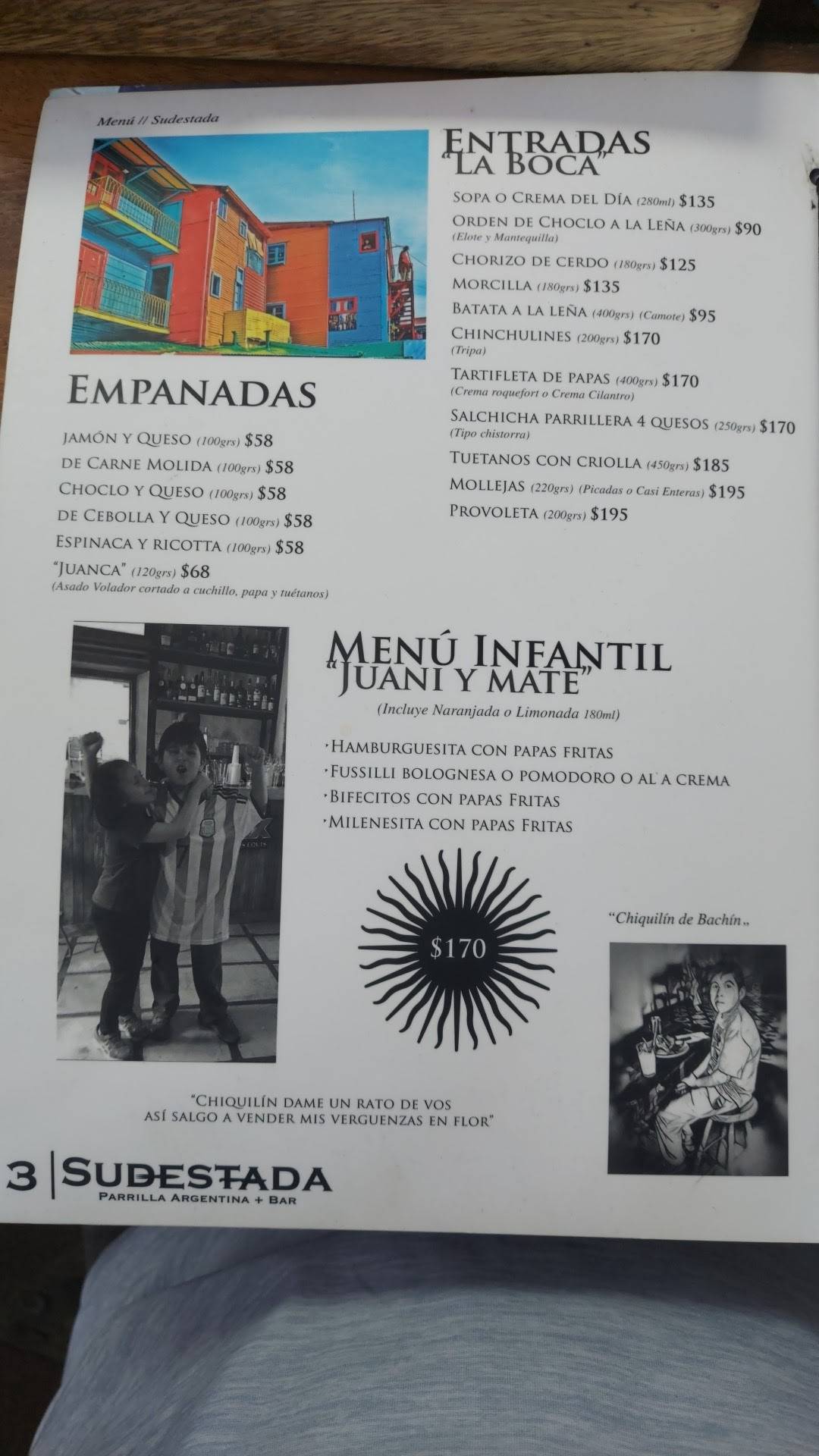 Carta del restaurante Sudestada, San Lorenzo Acopilco