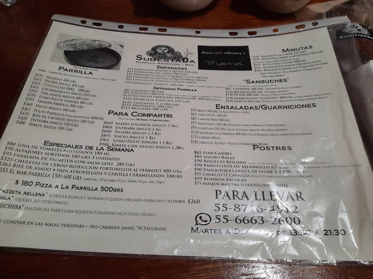 Carta del restaurante Sudestada, San Lorenzo Acopilco