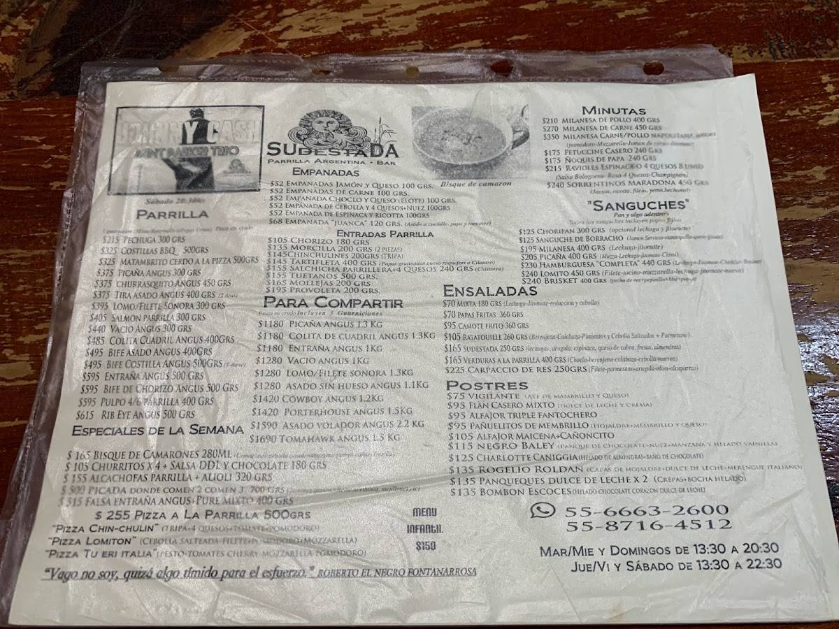 Carta del restaurante Sudestada, San Lorenzo Acopilco