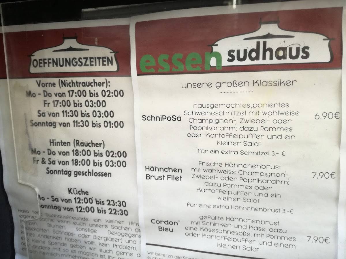 Speisekarte von Sudhaus pub & Bar, Marburg