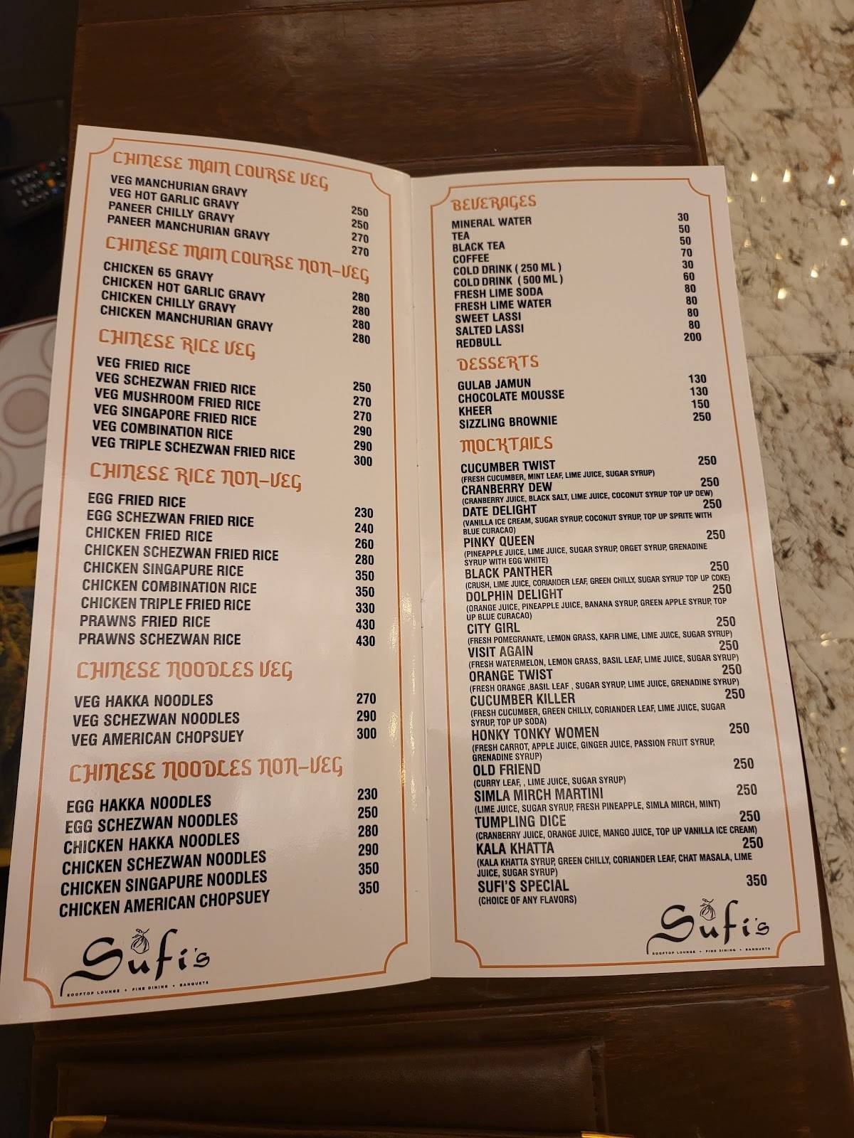 Menu at Sufi's restaurant, Pune