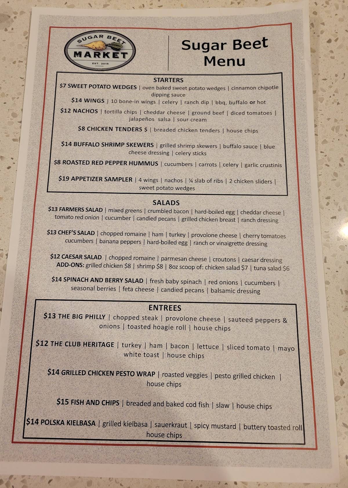 Menu at Sugar Beet Market pub & bar, Bridgeville
