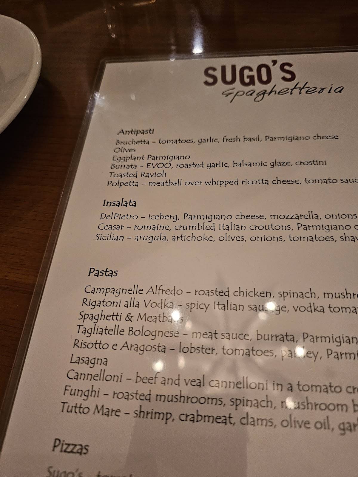 Menu at Sugo's Spaghetteria - Frontenac pub & bar, Frontenac