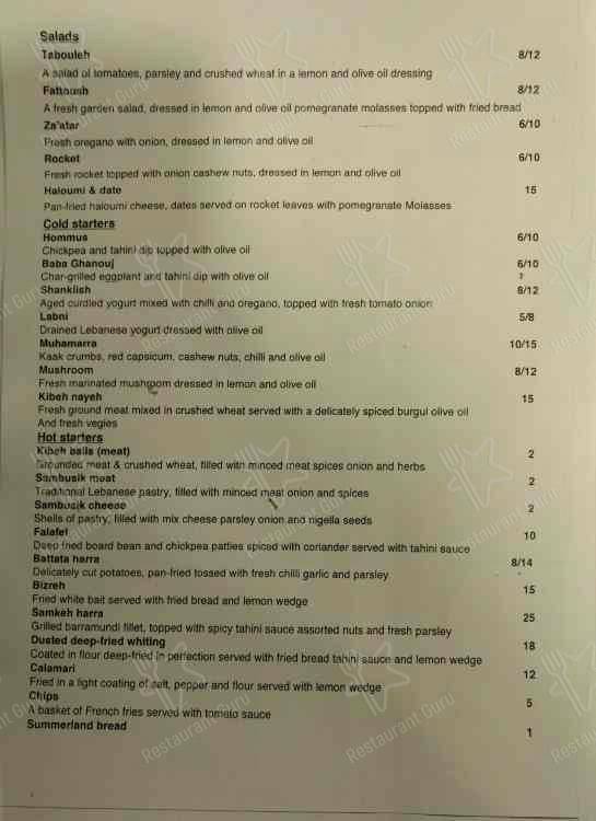 Menu at Summerland Bankstown restaurant, Bankstown