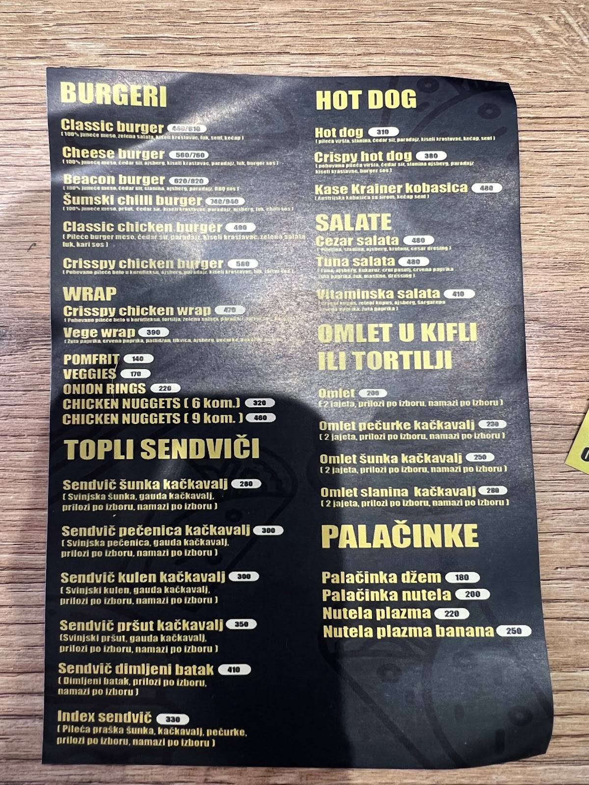 Menu at Sumski Has restaurant, Belgrade