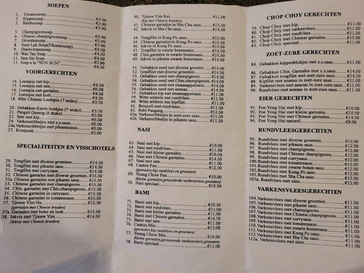 Menu at Sun Sun, Scherpenheuvel-Zichem