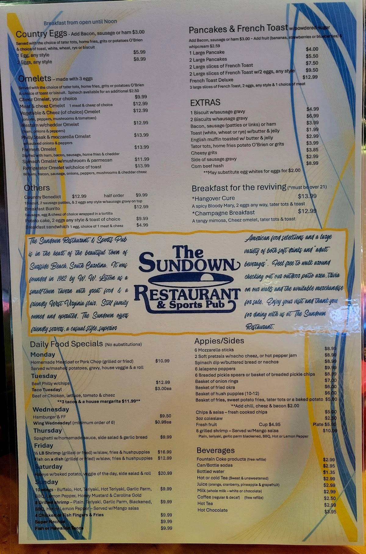 Menu at Sundown Restaurant and Sports Pub, Surfside Beach