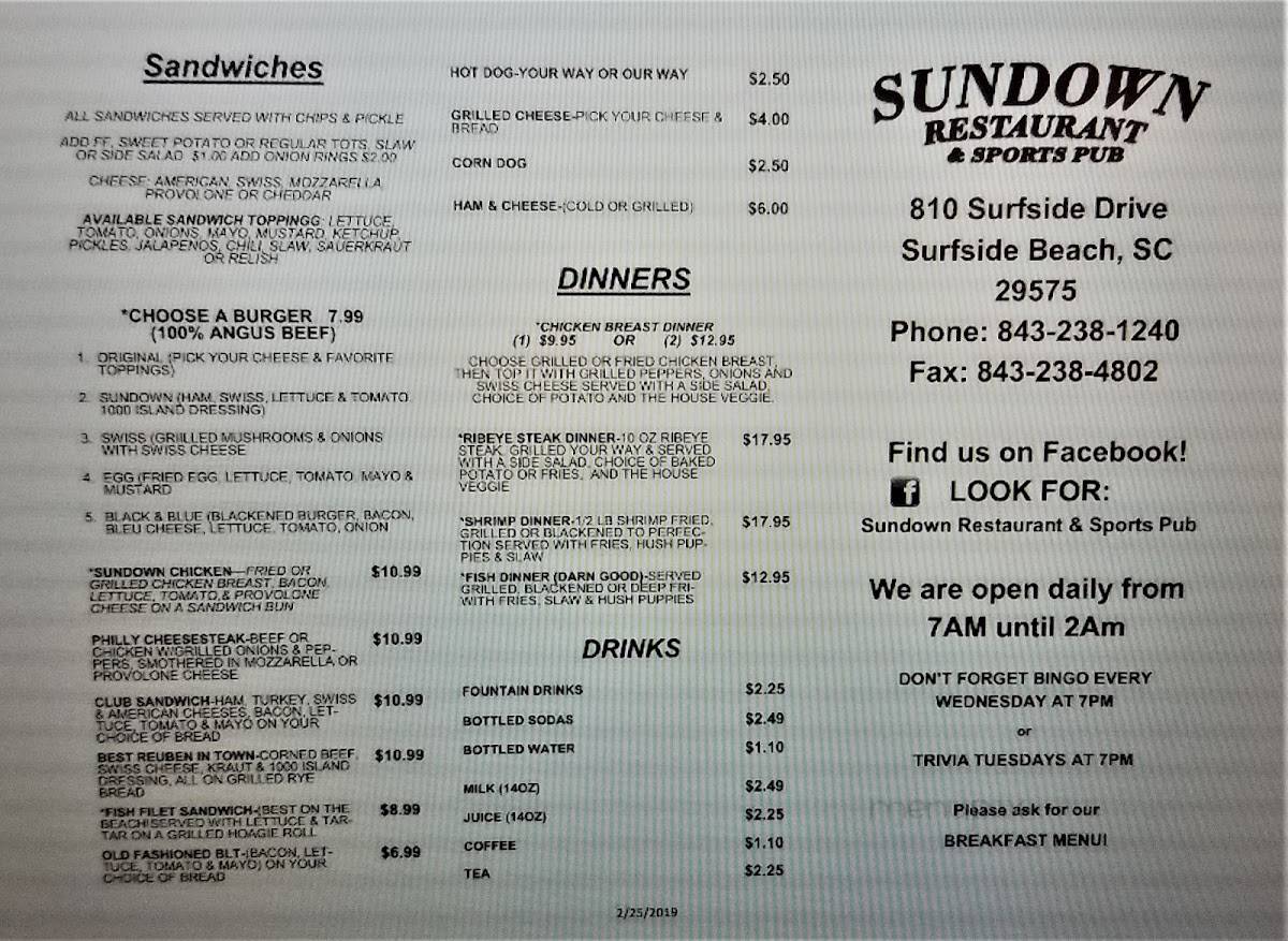 Menu at Sundown Restaurant and Sports Pub, Surfside Beach