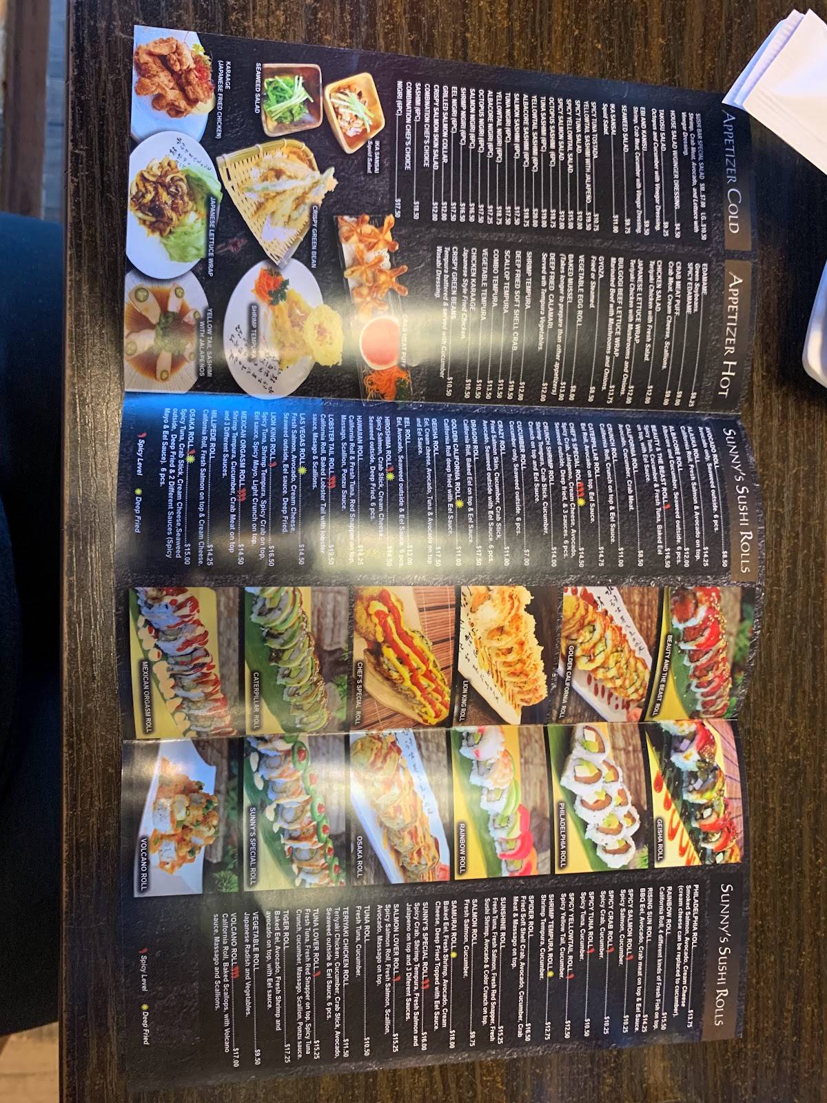 Menu at Sunny's Sushi restaurant, El Paso, Montana Ave