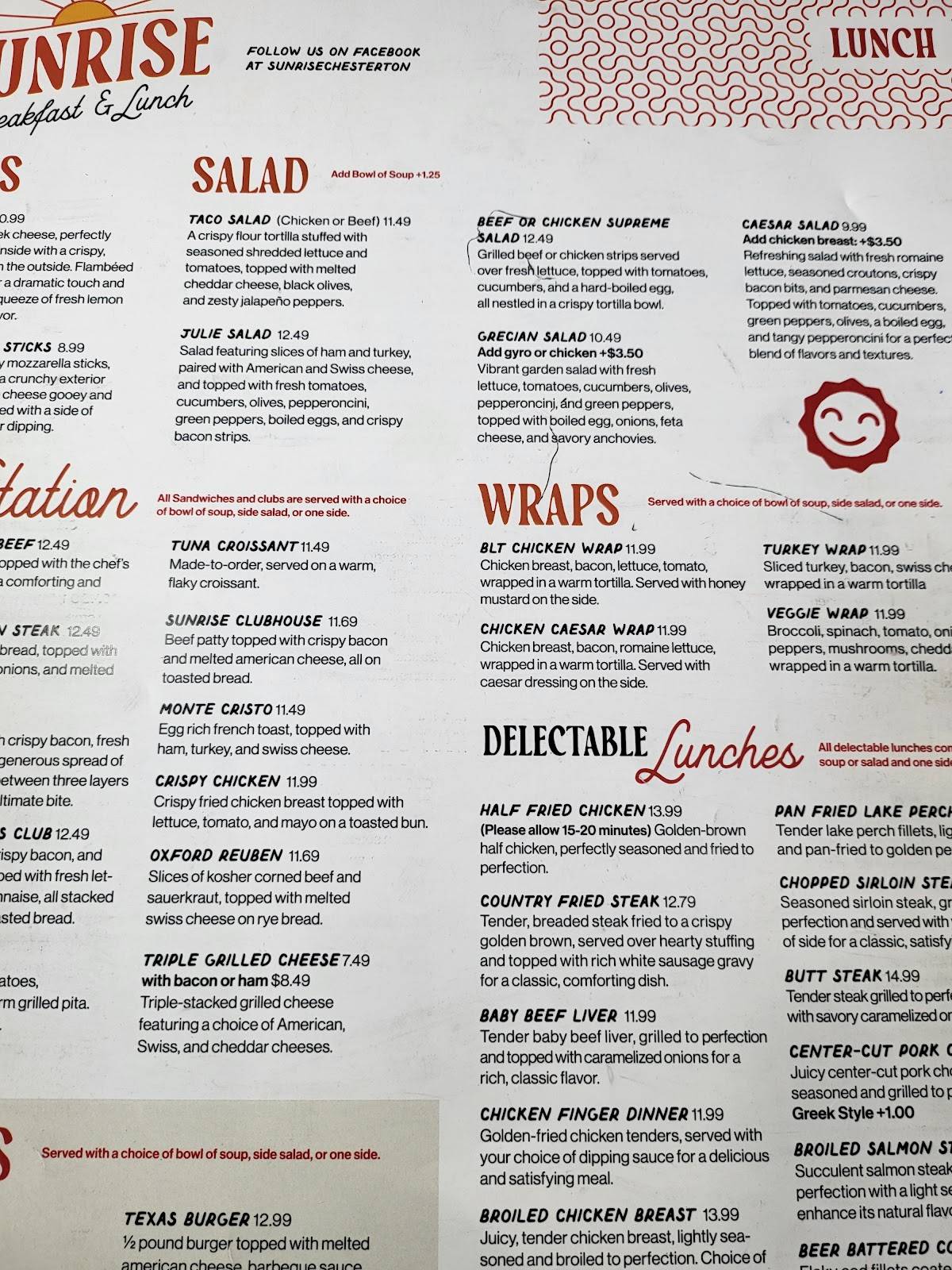 Menu at Sunrise Breakfast & Lunch restaurant, Chesterton
