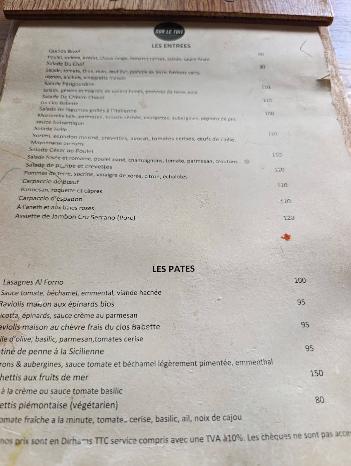 Menu at Sur Le Toit restaurant, Casablanca, route 1029