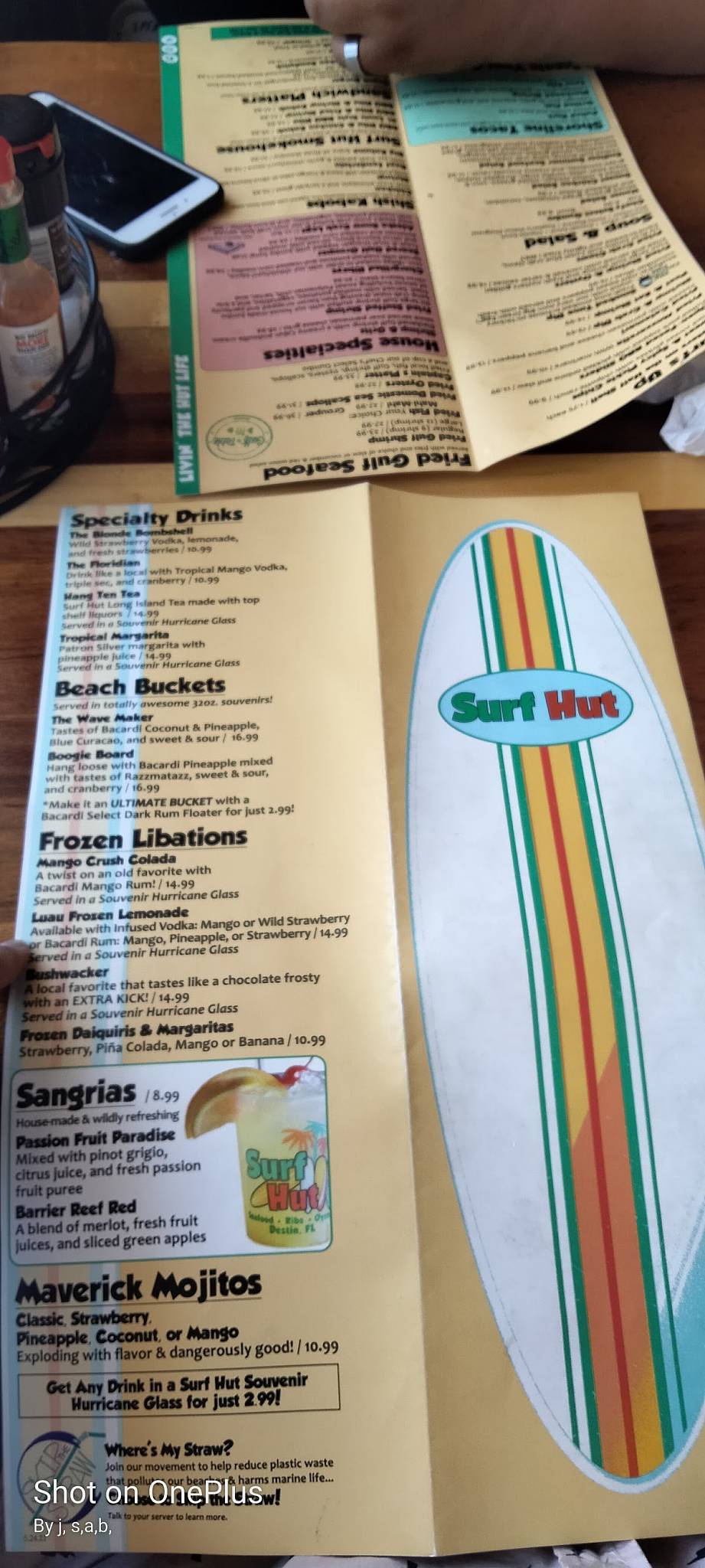 Menu at Surf Hut restaurant, Destin