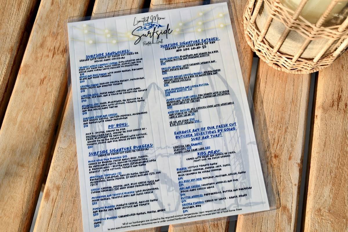 Menu at Surfside Rooftop Grill restaurant, Stone Harbor