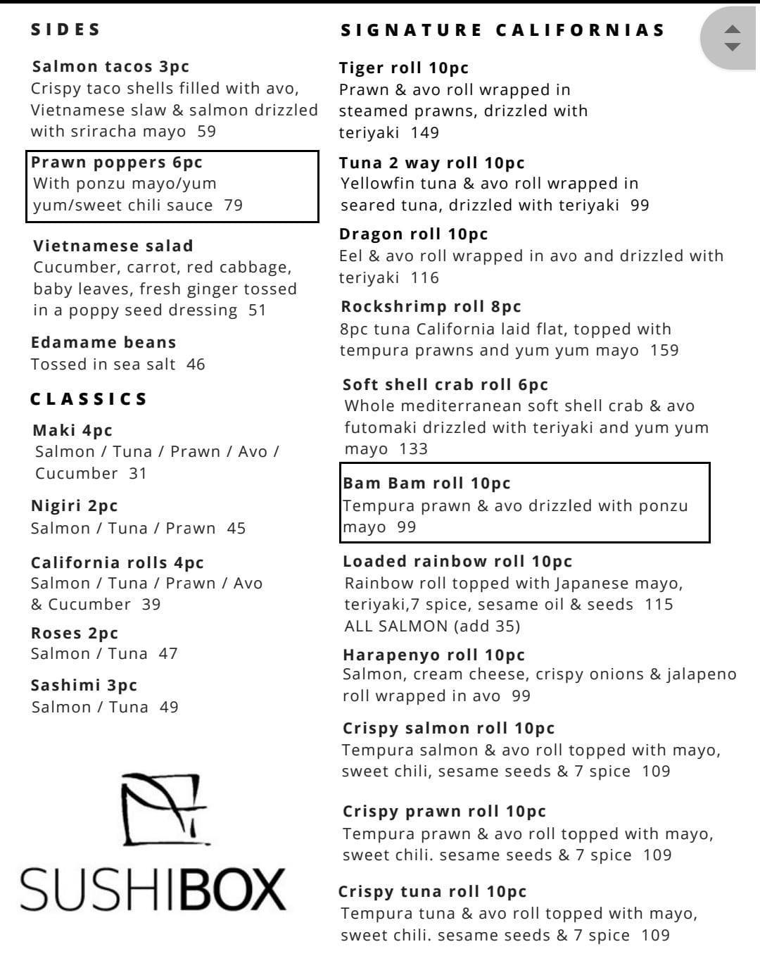 Menu at Sushi Box Constantia restaurant, Cape Town, Spaanschemat River Rd