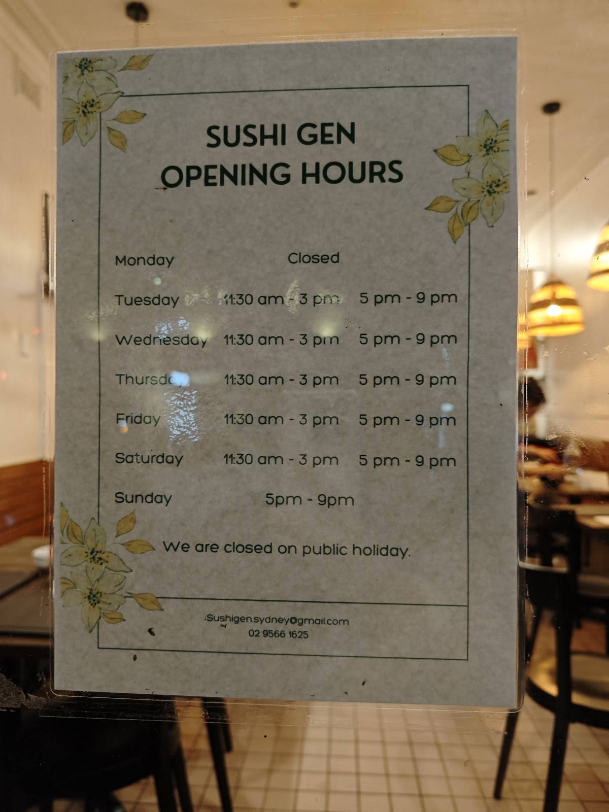 Menu at Sushi Gen restaurant, Glebe