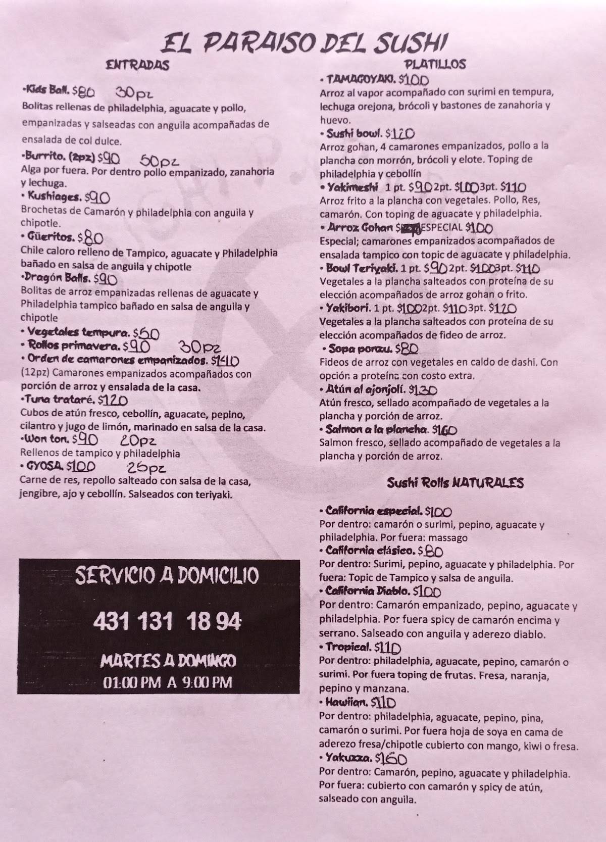 Menu at Sushi Paradise Jalos restaurant, Jalostotitlán