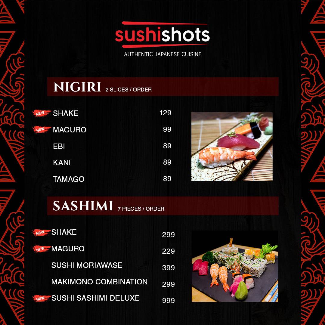 Menu at SushiShots restaurant, Mandaue City, M. L. Quezon Ave
