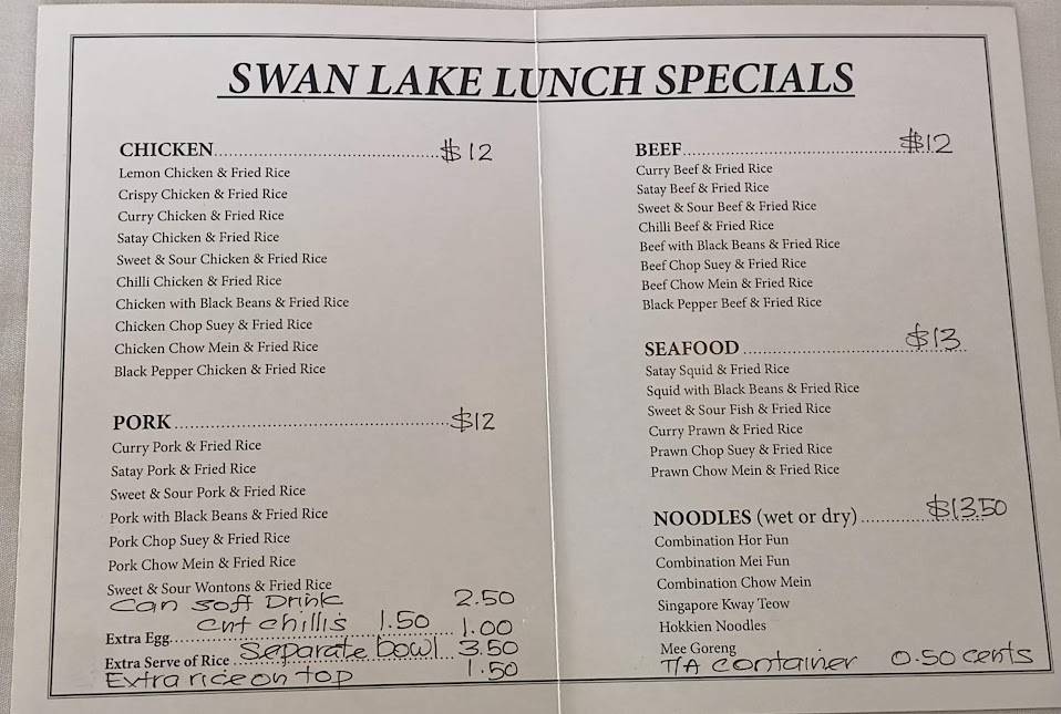 Menu at Swan Lake Chinese Restaurant, Churchlands, Unit 1/3 Flynn St