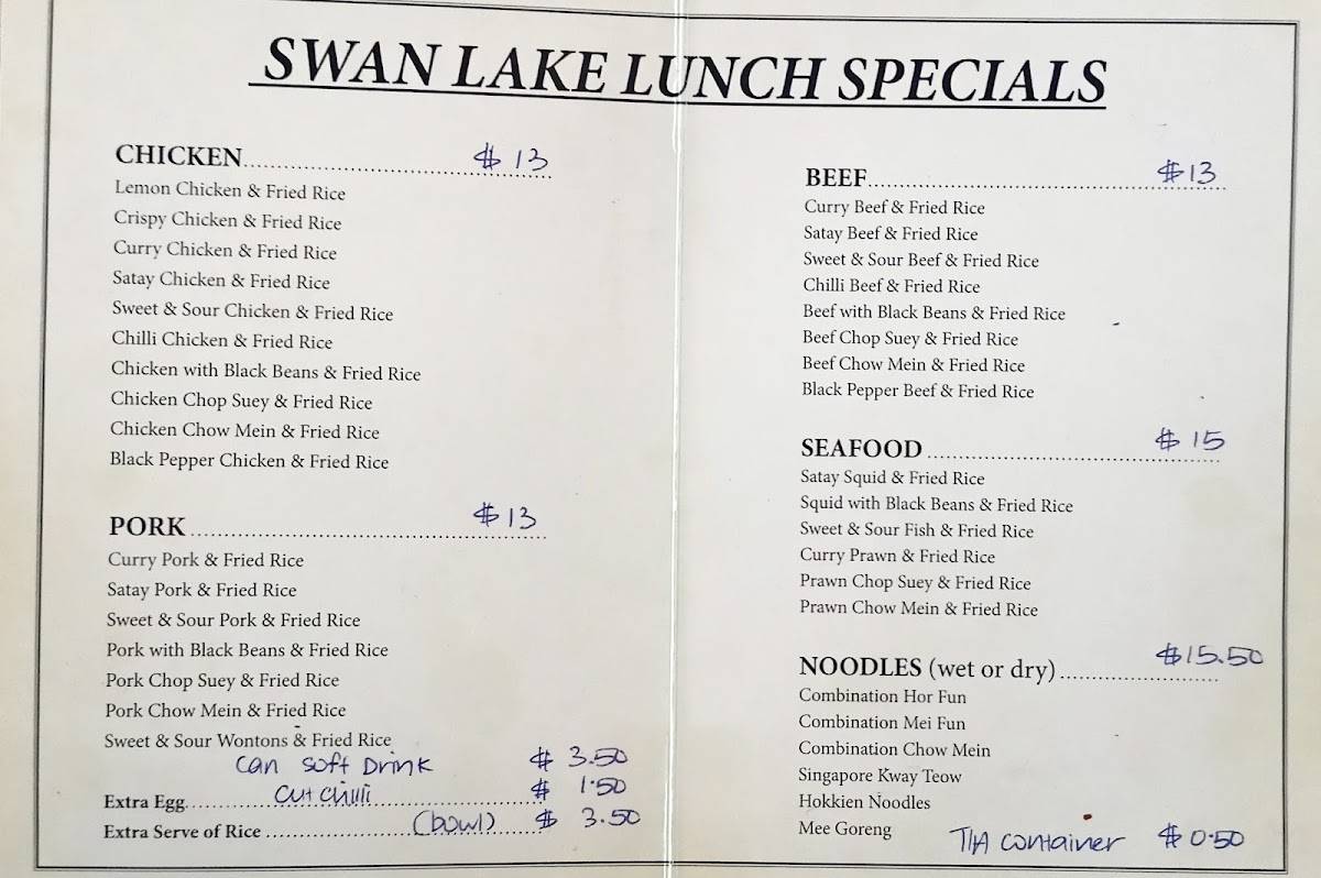 Menu at Swan Lake Chinese Restaurant, Churchlands, Unit 1/3 Flynn St
